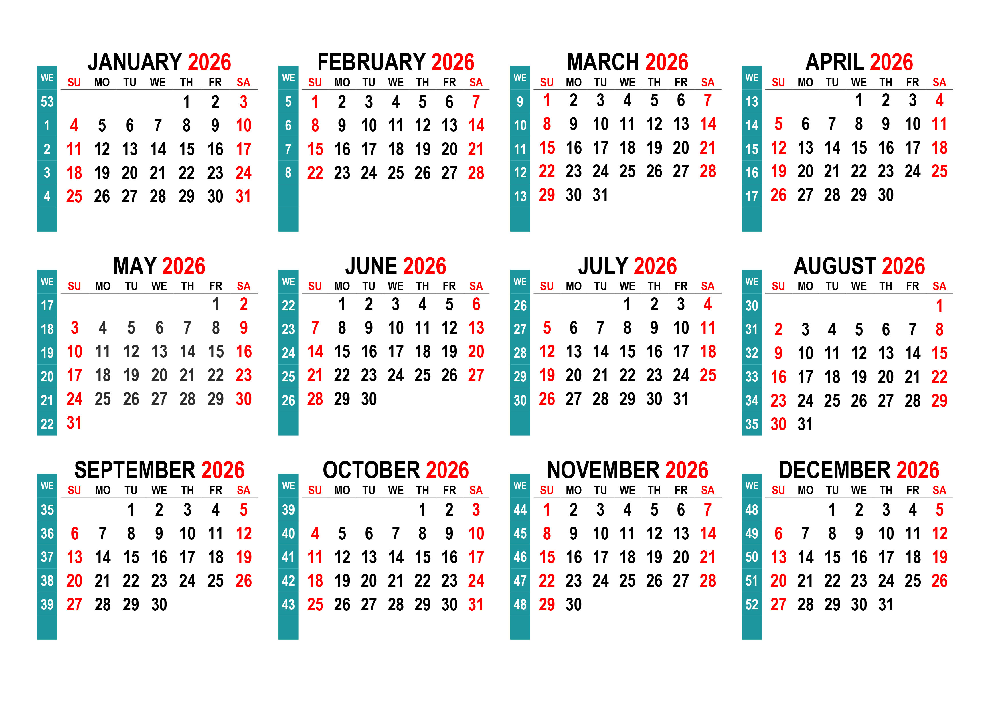 Free Printable Calendar 2026 week Starts From Sunday Free calendar su Free Printable Calendar 2026 week Starts From Sunday Free calendar su